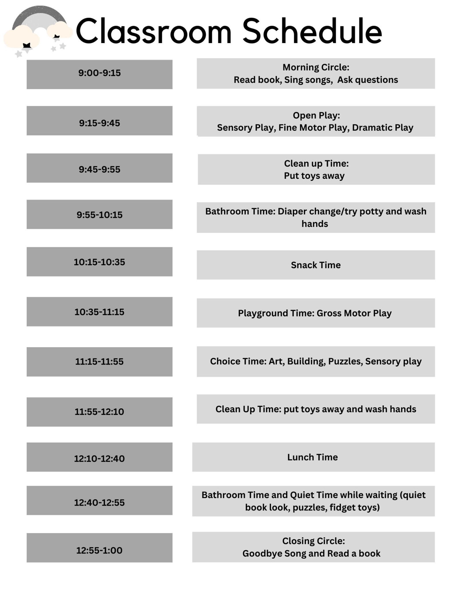 Daily Preschool/daycare Schedule Template EDITABLE - Etsy