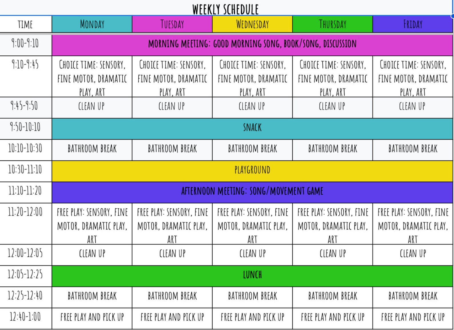 EDITABLE Preschool Weekly Schedule GOOGLE SHEETS - Etsy