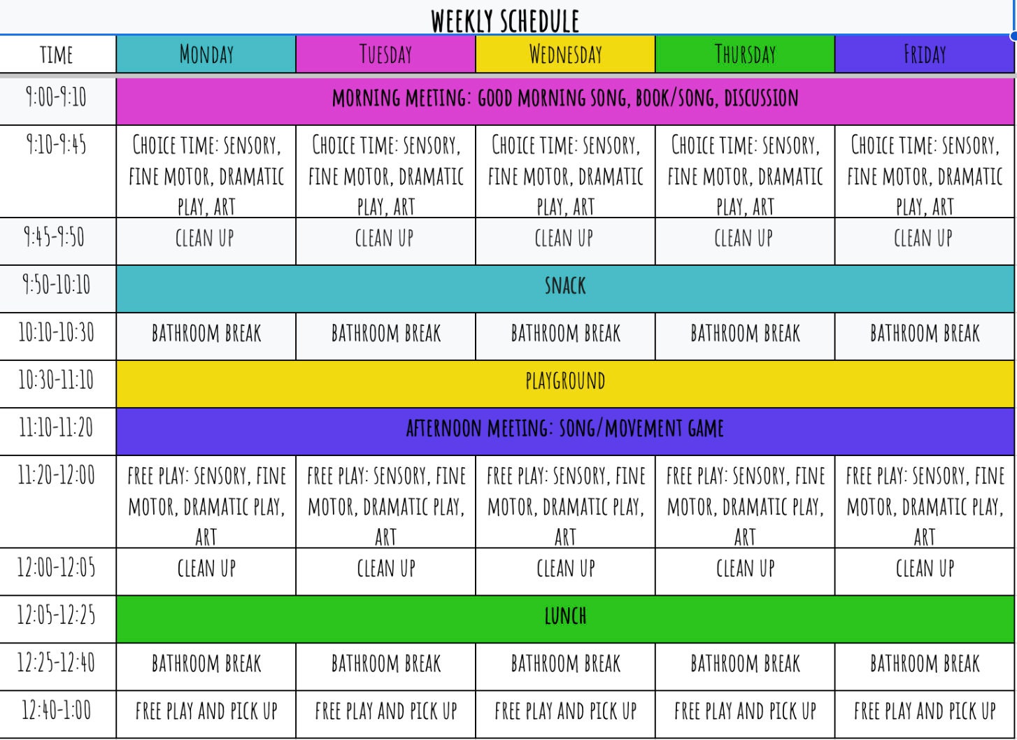 EDITABLE Preschool Weekly Schedule GOOGLE SHEETS - Etsy