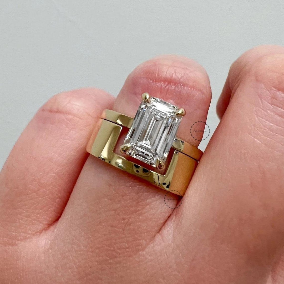 Emerald Cut Moissanite Bridal Ring Set With Cigar Band/solitaire ...