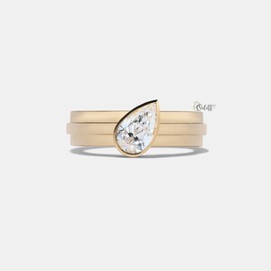 Wide Band Pear Cut Engagement Ring /bezel Set Wedding - Etsy