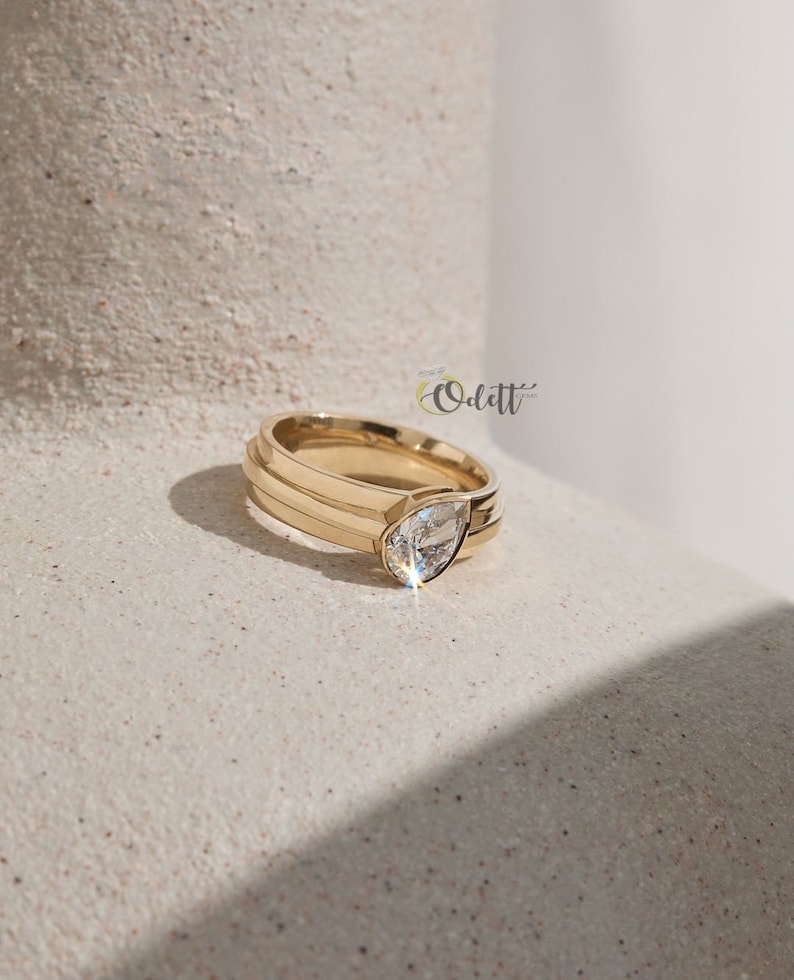 Wide Band Pear Cut Engagement Ring /bezel Set Wedding - Etsy