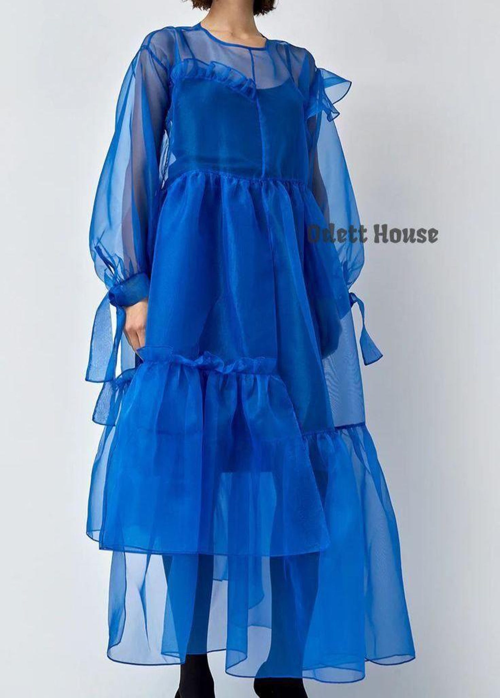 Sheer Cocktail Party Dress/graduation Party Organza Puffy Sleeve Midi ...