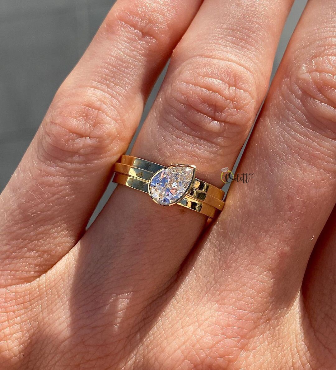 Wide Band Pear Cut Engagement Ring /bezel Set Wedding - Etsy