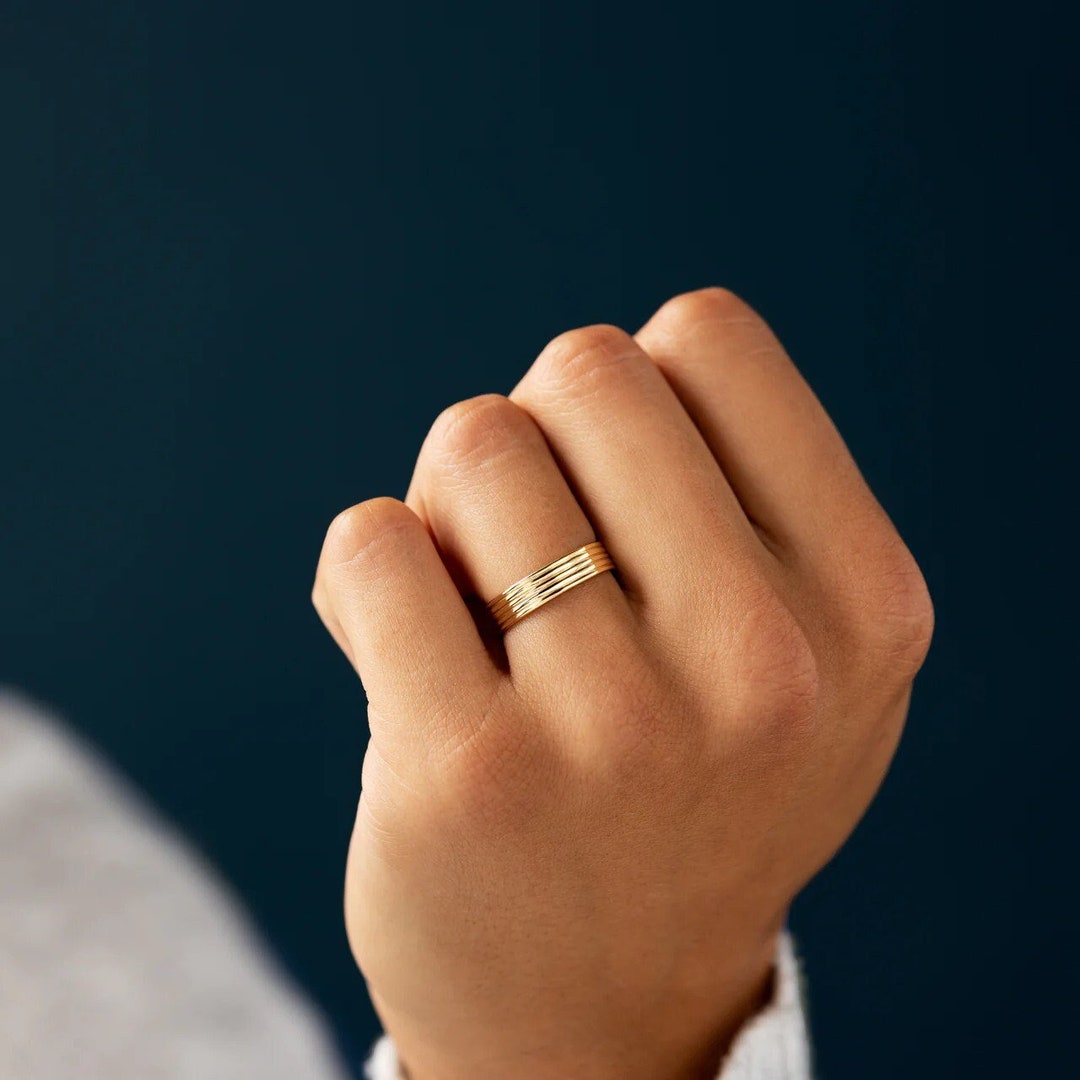 14k Solid Gold Plain Stacking Ring Simple Texture Wedding Bandrow Band ...