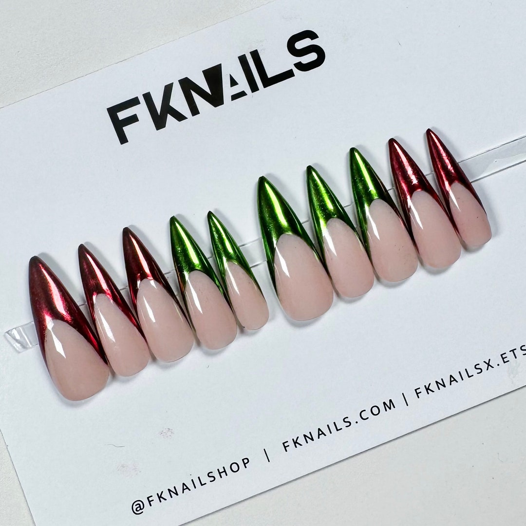 Holiday Red and Green Chrome French Tip Handmade Press on - Etsy