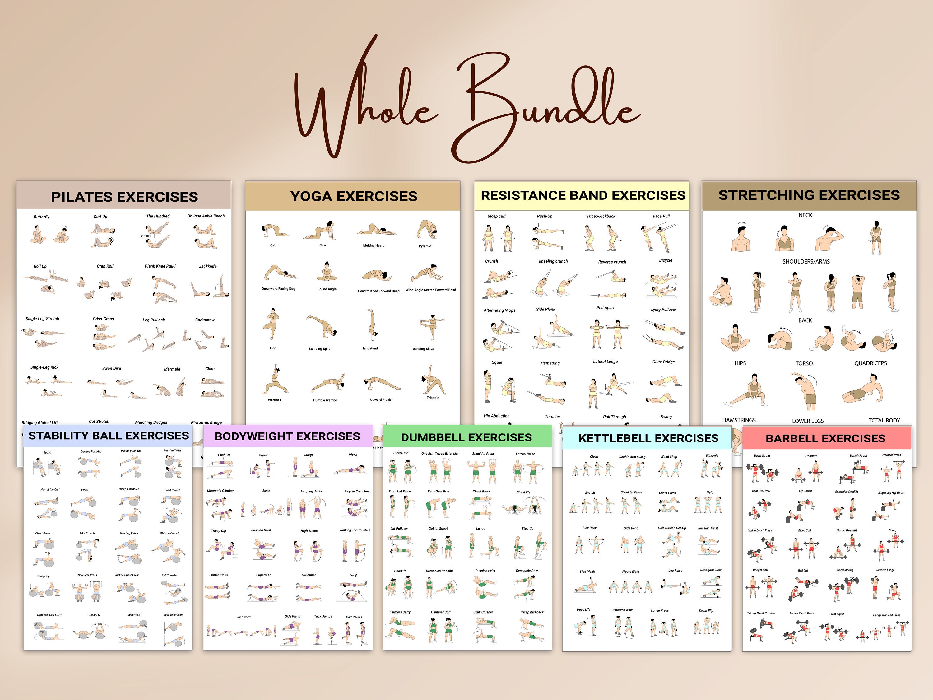 Workout Poster, Workout Exercise Chart, Set of 9 Workout Chart, Workout ...