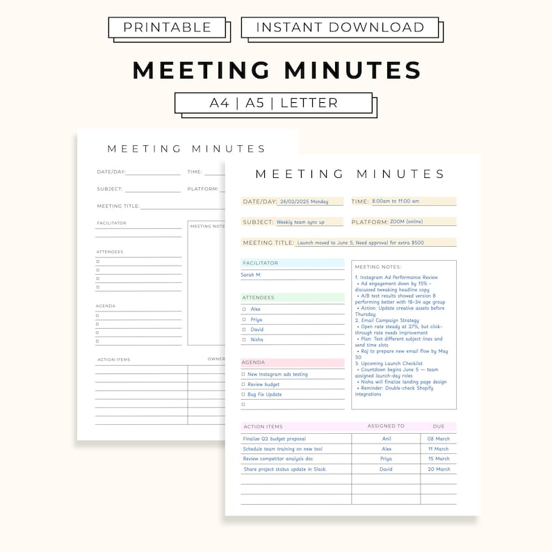 Minutes of Meeting MOM Printable Template | Meeting Agenda Template ...