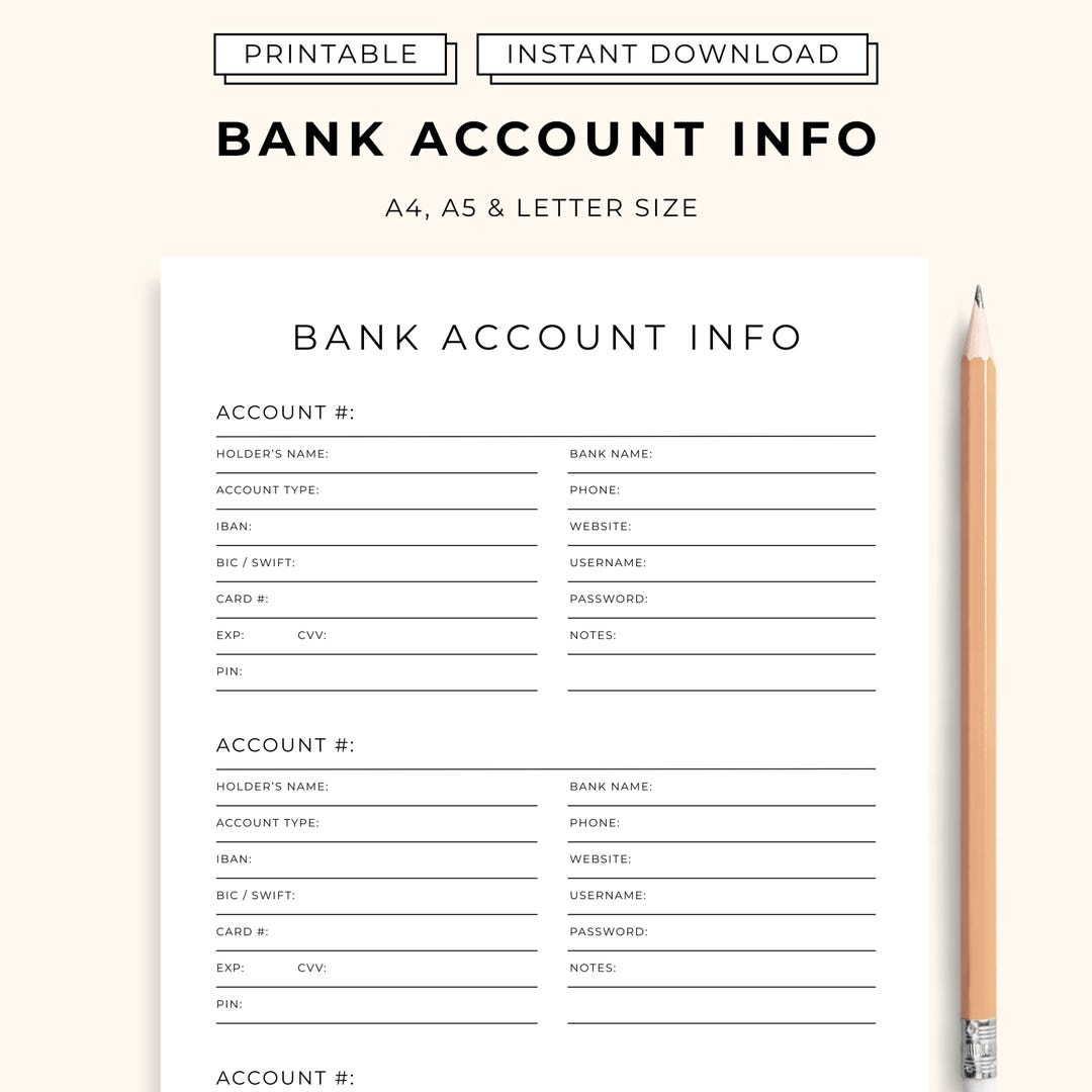 Bank Account Info Tracker PDF | Simple Bank Details Organizer ...