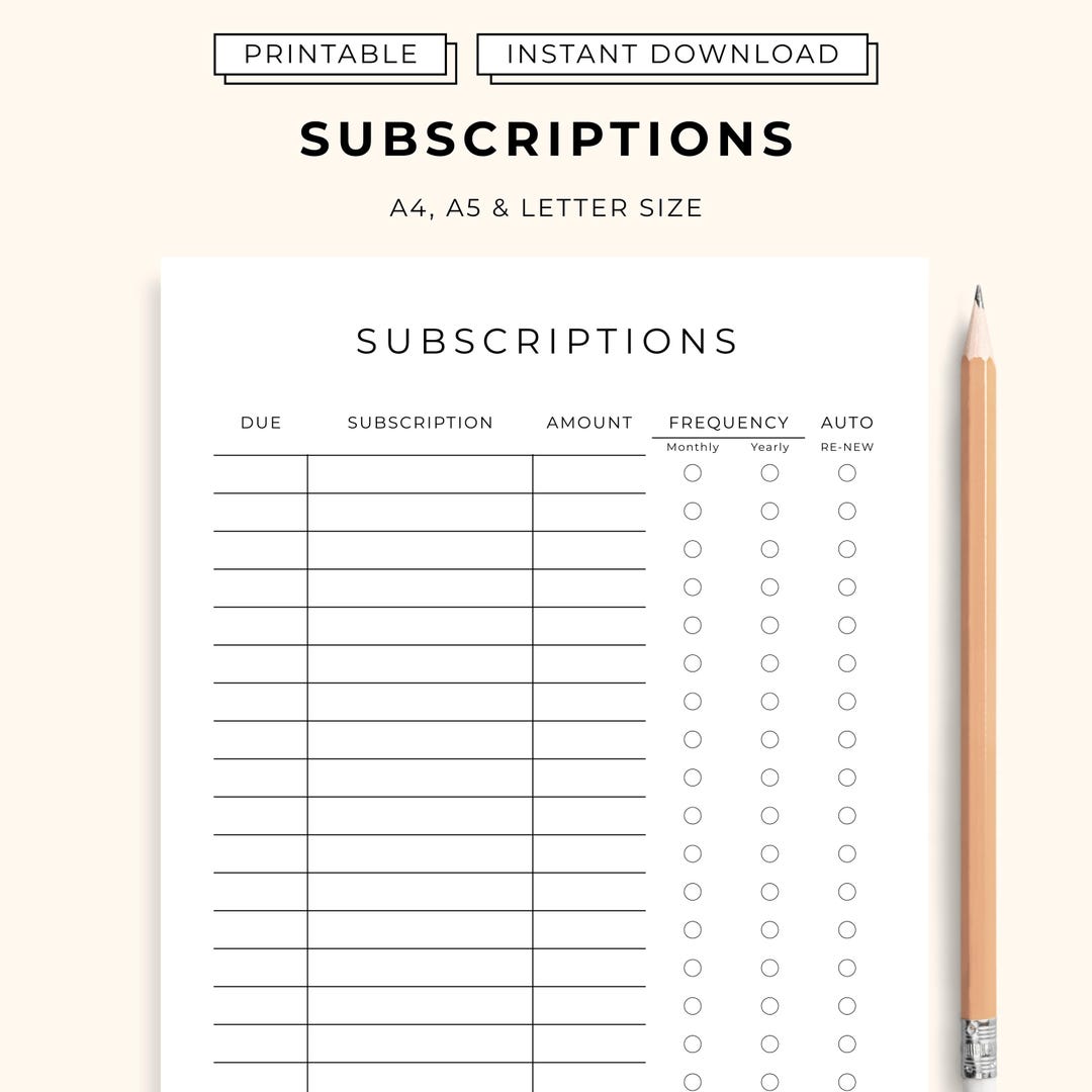 Subscription Tracker Printable: Monthly Bill Payment Organizer (PDF ...