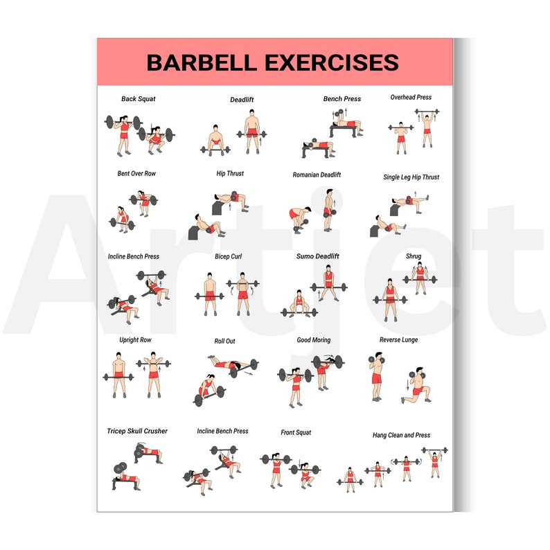 Barbell Workout Chart, Barbell Exercises, Fitness Print (digital ...
