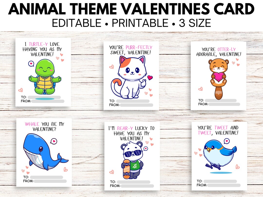 EDITABLE Printable Animal Valentine Cards, Classroom Valentines Day ...