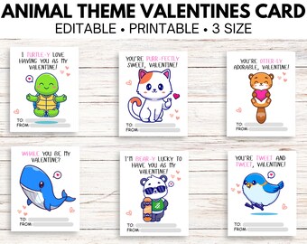 EDITABLE Printable Animal Valentine Cards, Classroom Valentines Day ...