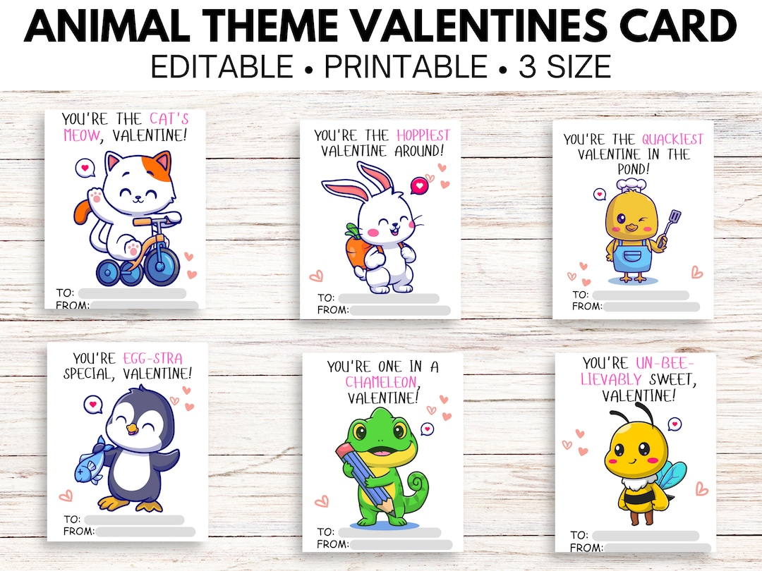 EDITABLE Printable Animal Valentine Cards, Classroom Valentines Day ...