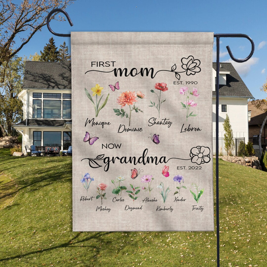 Personalized First Mom Now Grandma Flag, Custom Grandma's Garden Flower ...