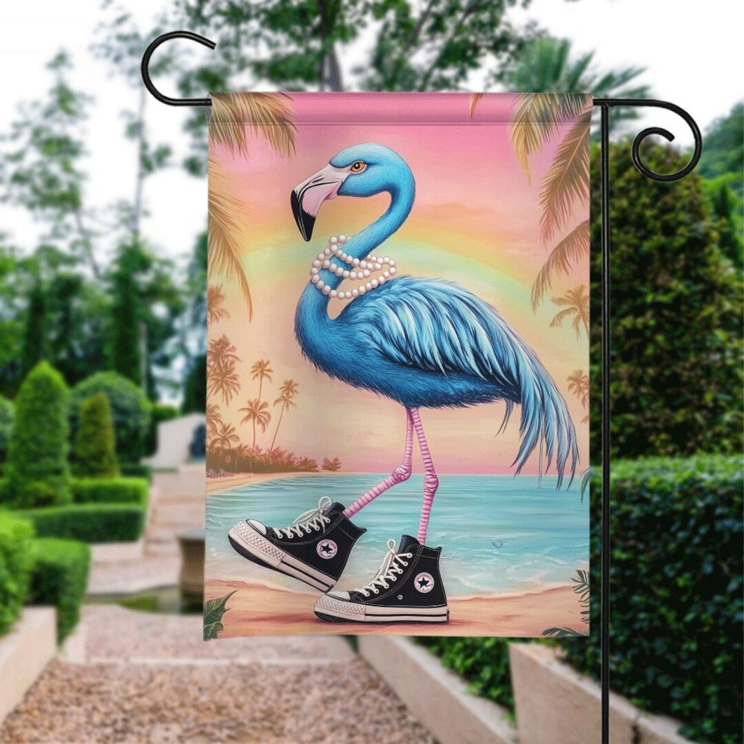 Blue Flamingo Yard Flag, Blue Flamingo Wearing Pearls and Sneakers ...