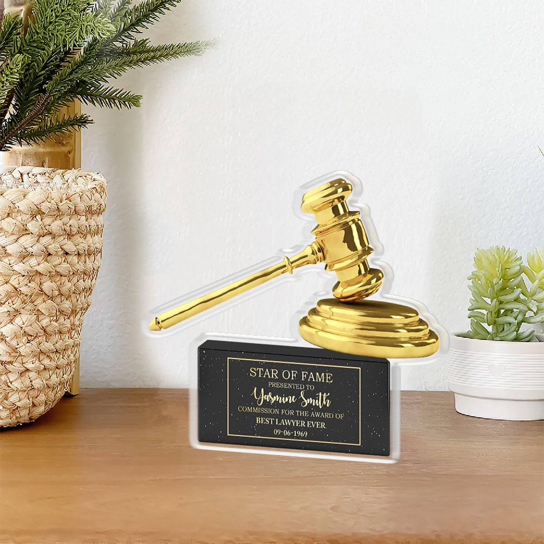Personalized Judge Gavel Golden Trophy Acrylic Plaque, Lawyer Award ...