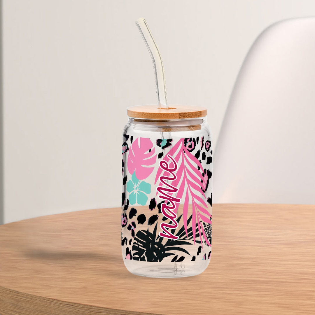 Leopard Skin Pattern With Pink and Blue Tropical Leaf Iced Coffee Cup ...