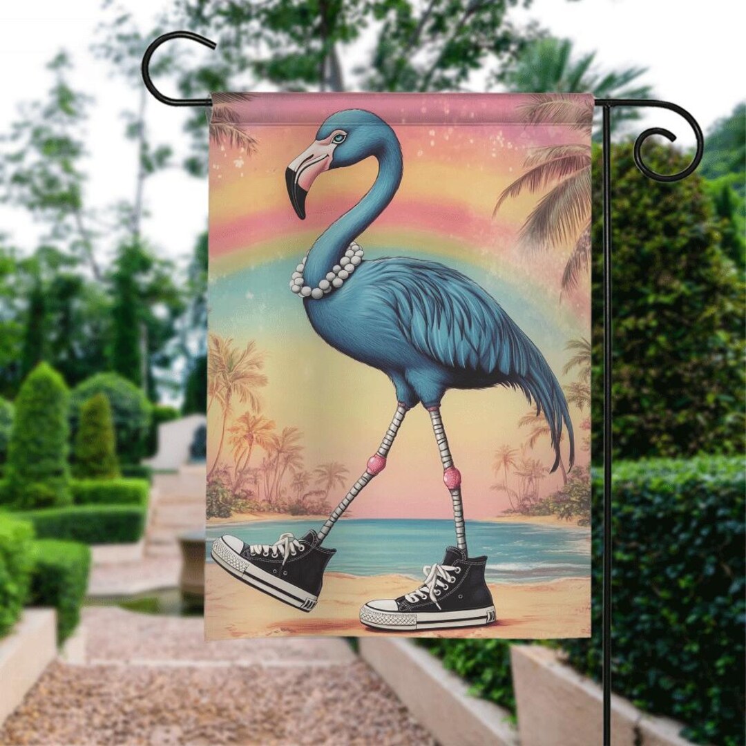 Blue Flamingo Yard Flag, Blue Flamingo Wearing Pearls and Sneakers ...