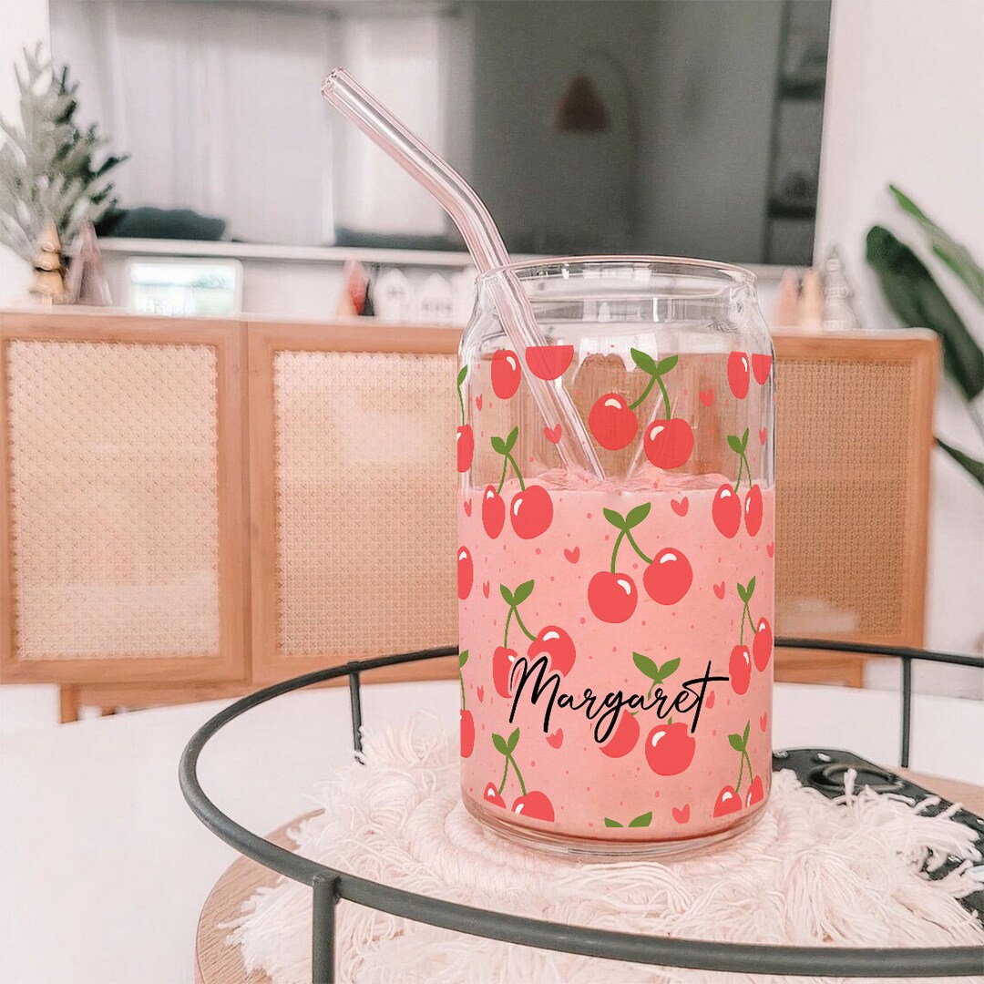 Personalized Cherry Iced Coffee Cup, Floral Glass Can With Lid Straw ...