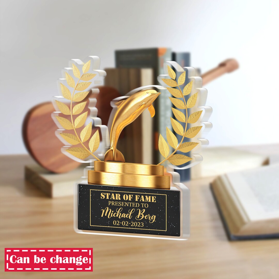 Personalized Golden Dolphin Trophy Acrylic Plaque, Golden Dolphin ...