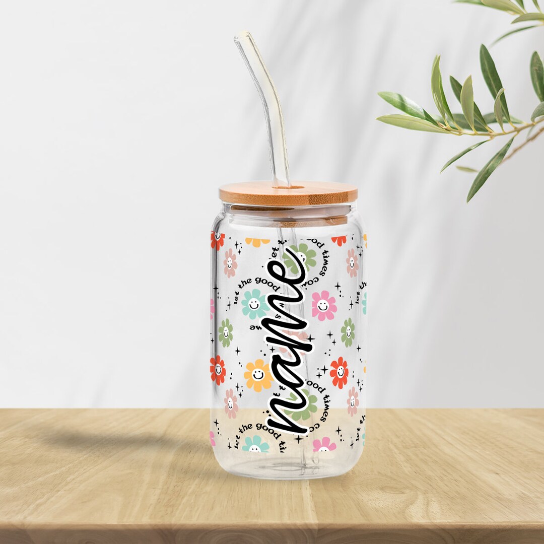 Personalized Retro Flower Iced Coffee Cup, Retro Flower Glass With Lid ...