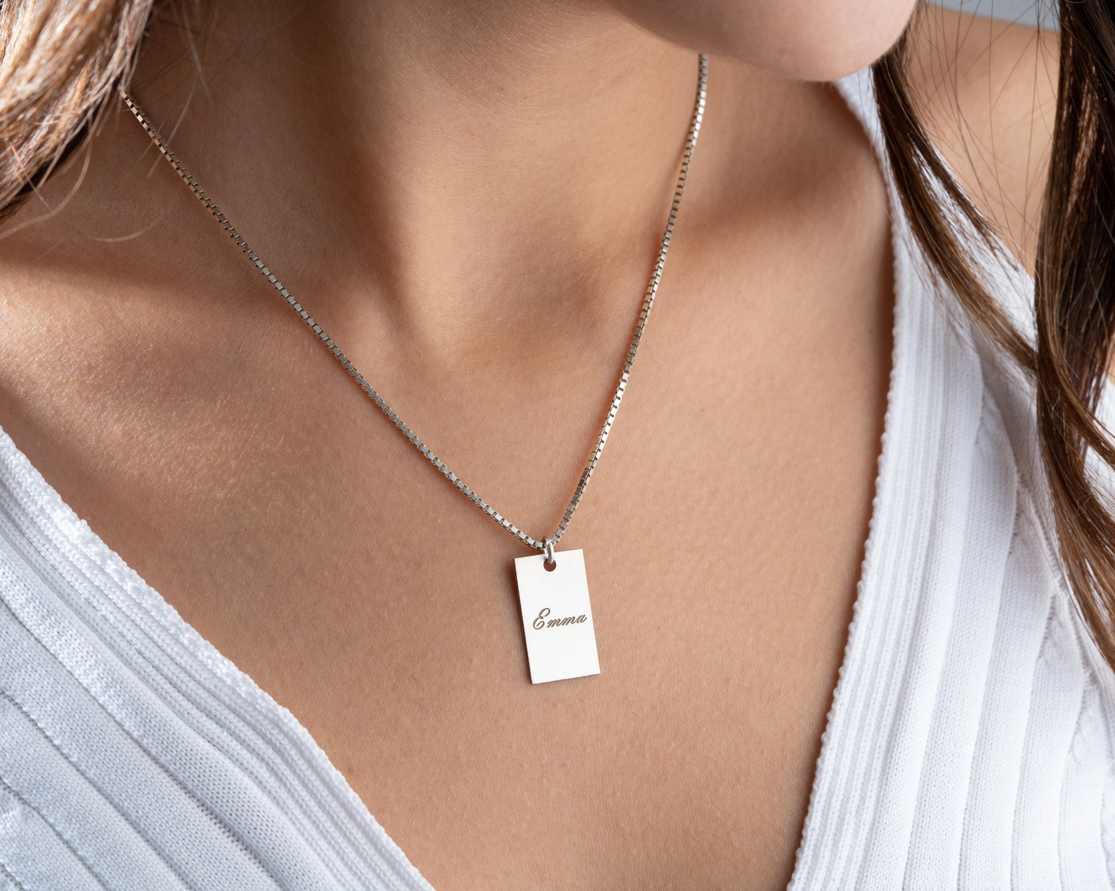 Personalized Name Tag Necklace With Box Chain, Name Bar Necklace ...