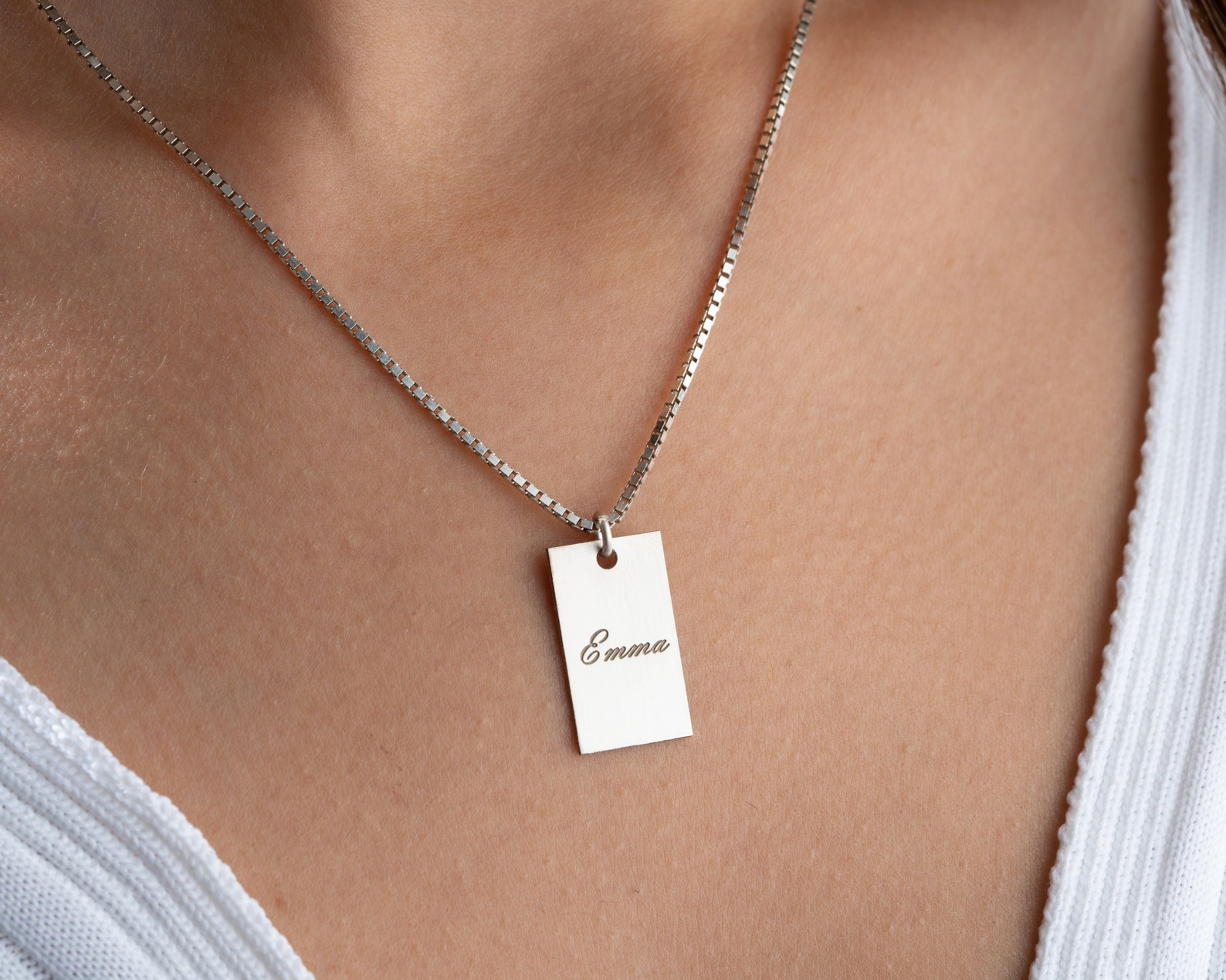 Personalized Name Tag Necklace With Box Chain, Name Bar Necklace ...