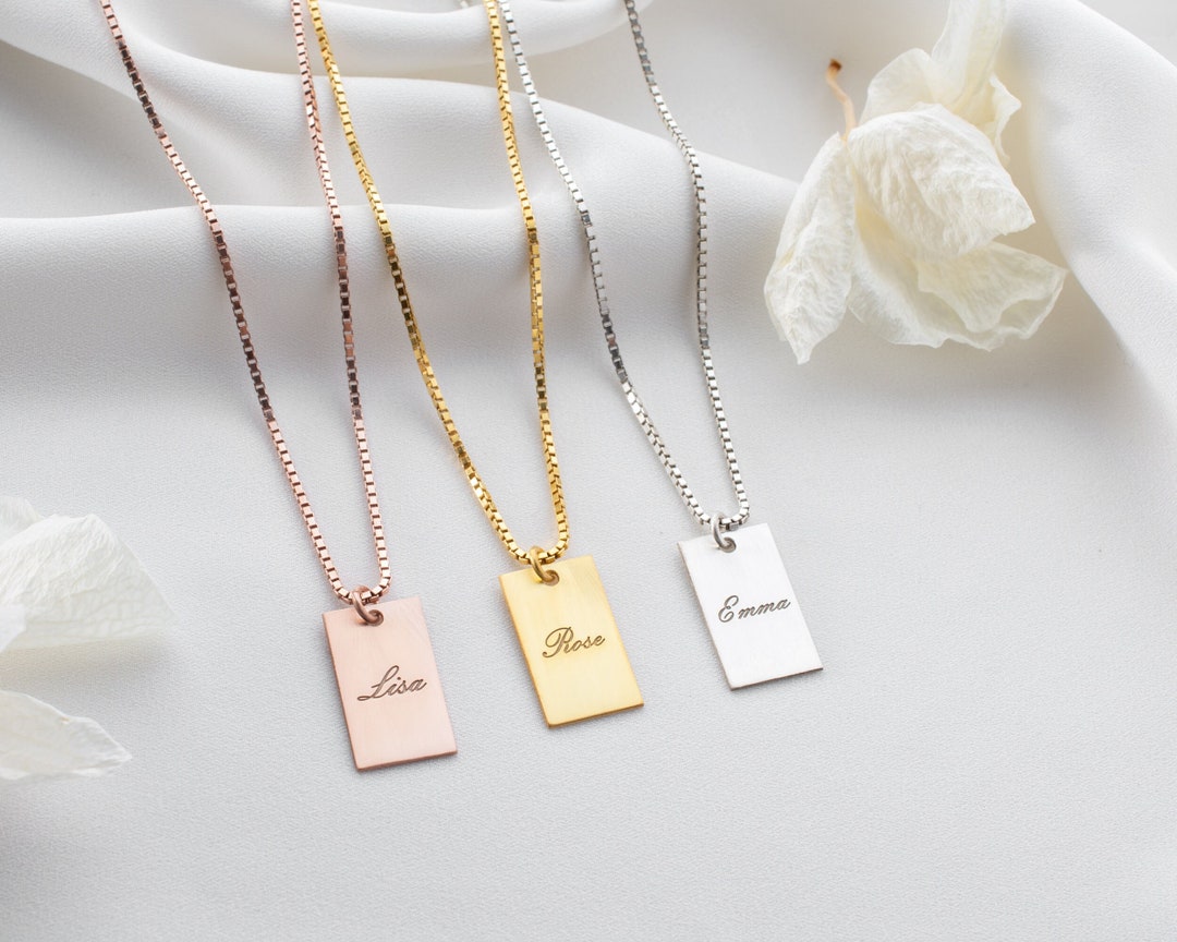 Personalized Name Tag Necklace With Box Chain, Name Bar Necklace ...