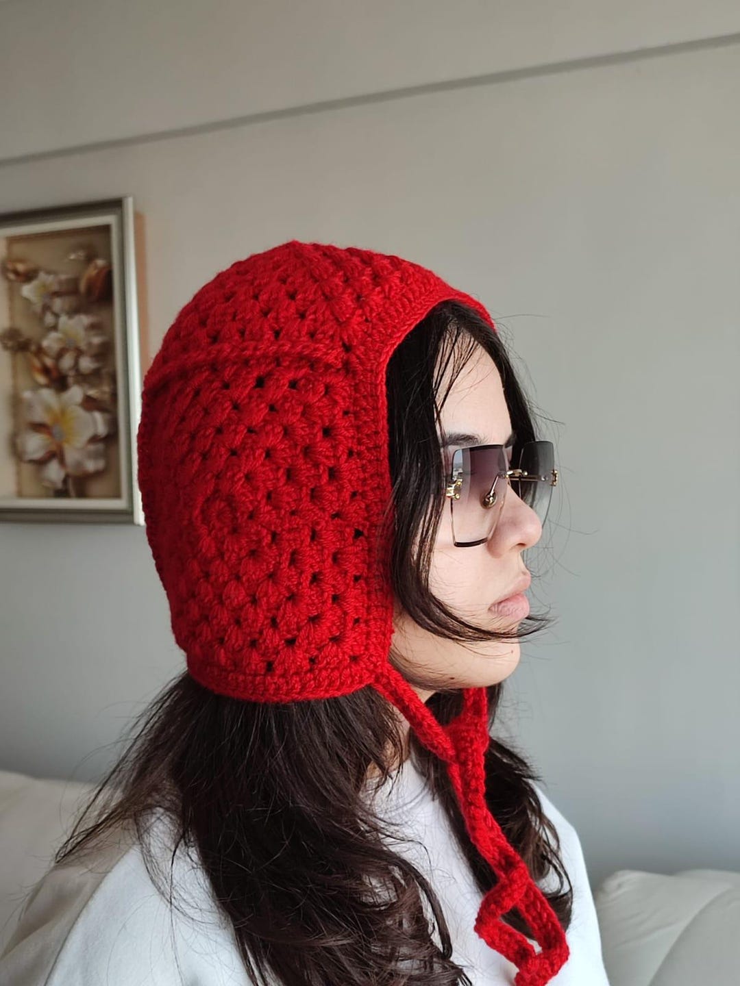 Adult Red Bonnet, Hand Knit Tie Bonnet, Red Warm Hat, Crochet Bonnet ...