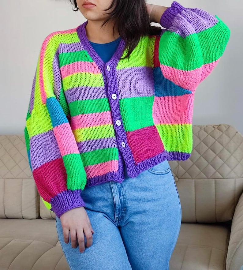 Cozy Rainbow Knit Cardigan, Handcrafted Chunky Sweater, Oversized ...