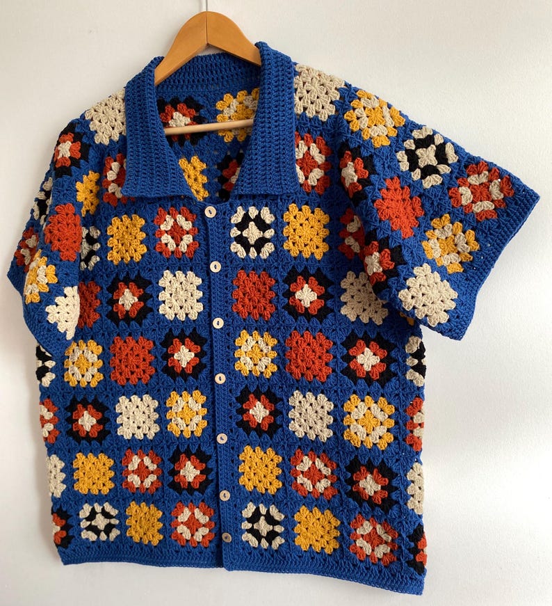 Crochet Shirt, Granny Square Shirt, Knit Shirt, Handmade Shirt, Vintage ...