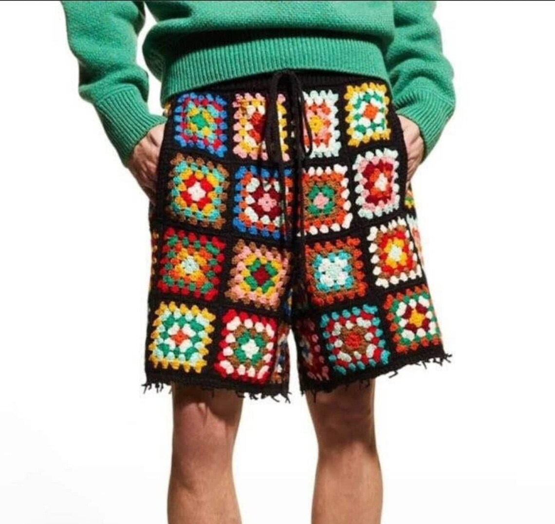 Crochet Shorts for Men Unisex Shorts, Crochet Mens' Beach Long Shorts , Crochet Granny Square ...