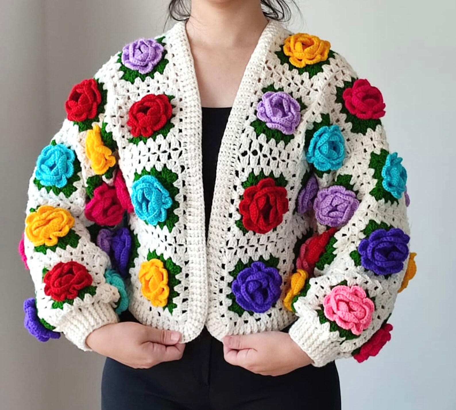 Colorful Rose Cardigan, Crochet Jumbo Rose Cardigan, Cream Granny ...