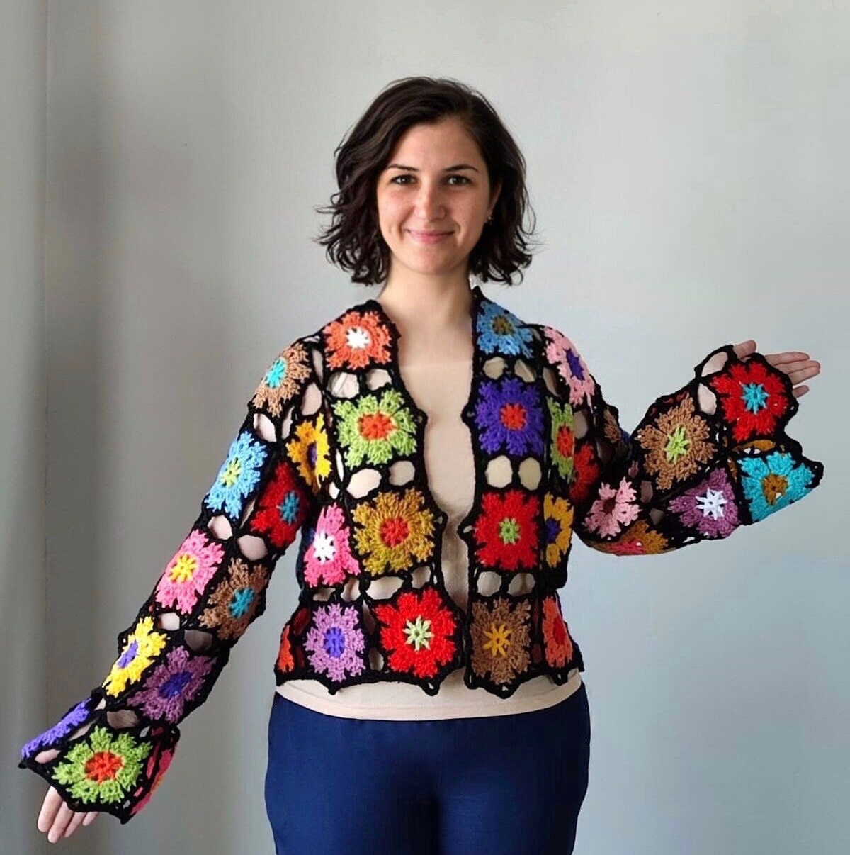 Crochet Granny Square Cardigan, Crochet Floral Cardigan, Handmade Mini Patchwork Cardigan ...