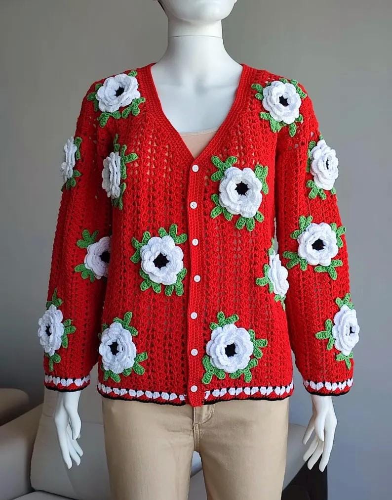 3D Floral Cardigan, Embossed Roses Cardigan, 3 Different Crochet Floral ...