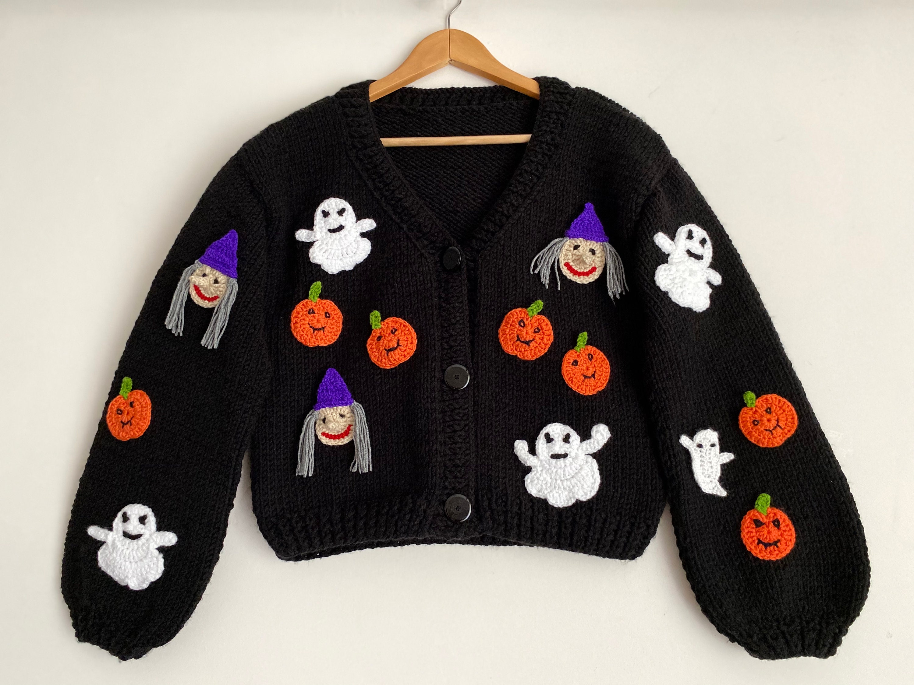 Hand-knit Wool Halloween Cardigan: Pumpkin, Ghost & Witch Design - Etsy