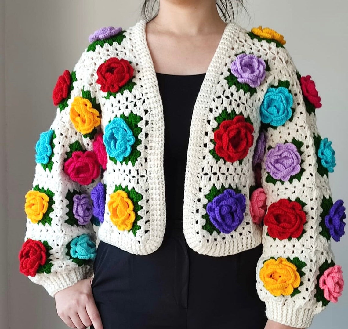 Colorful Rose Cardigan, Crochet Jumbo Rose Cardigan, Cream Granny ...