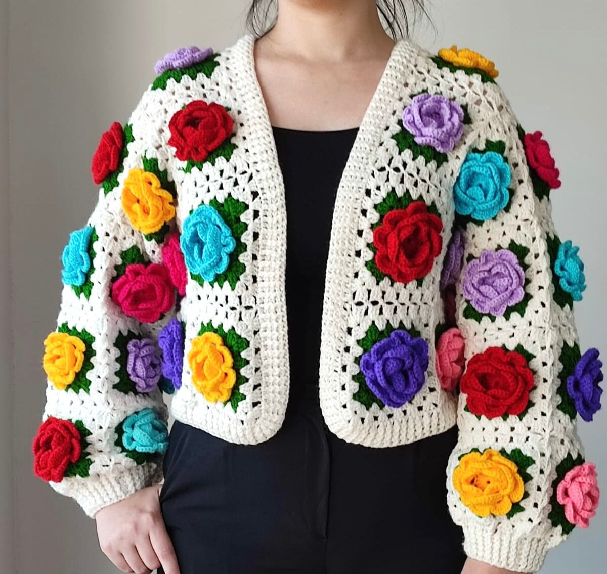 Colorful Rose Cardigan, Crochet Jumbo Rose Cardigan, Cream Granny ...