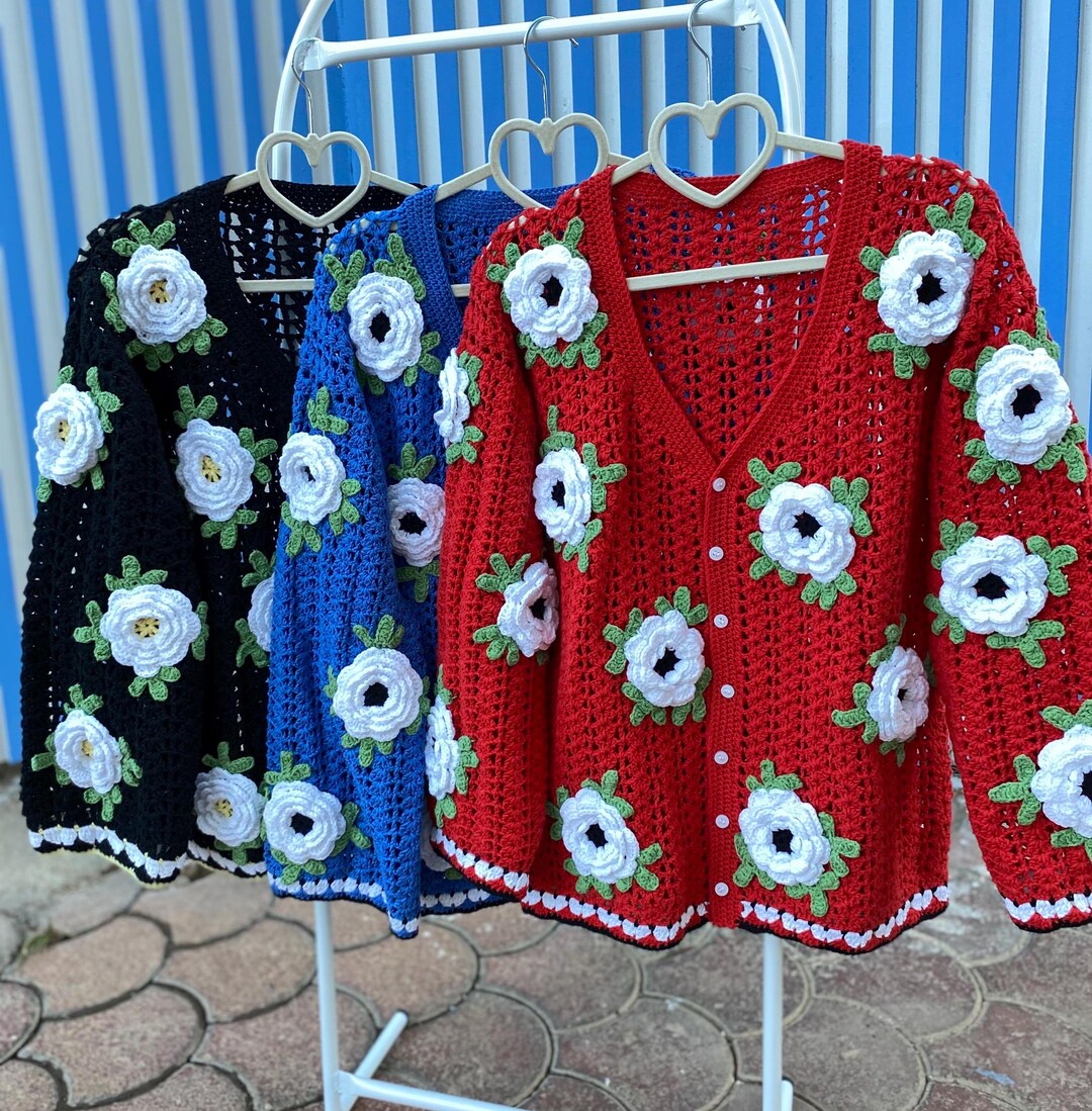 3D Floral Cardigan, Embossed Roses Cardigan, 3 Different Crochet Floral ...
