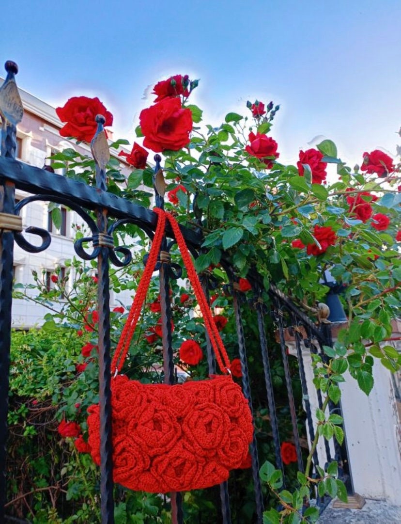 Red Rose Bag, Crochet Bag, Crochet Shoulder Bag, Crochet Purse, Crochet ...