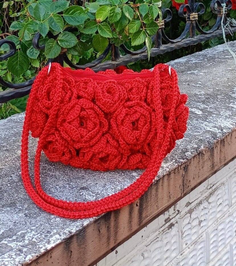 Red Rose Bag, Crochet Bag, Crochet Shoulder Bag, Crochet Purse, Crochet ...