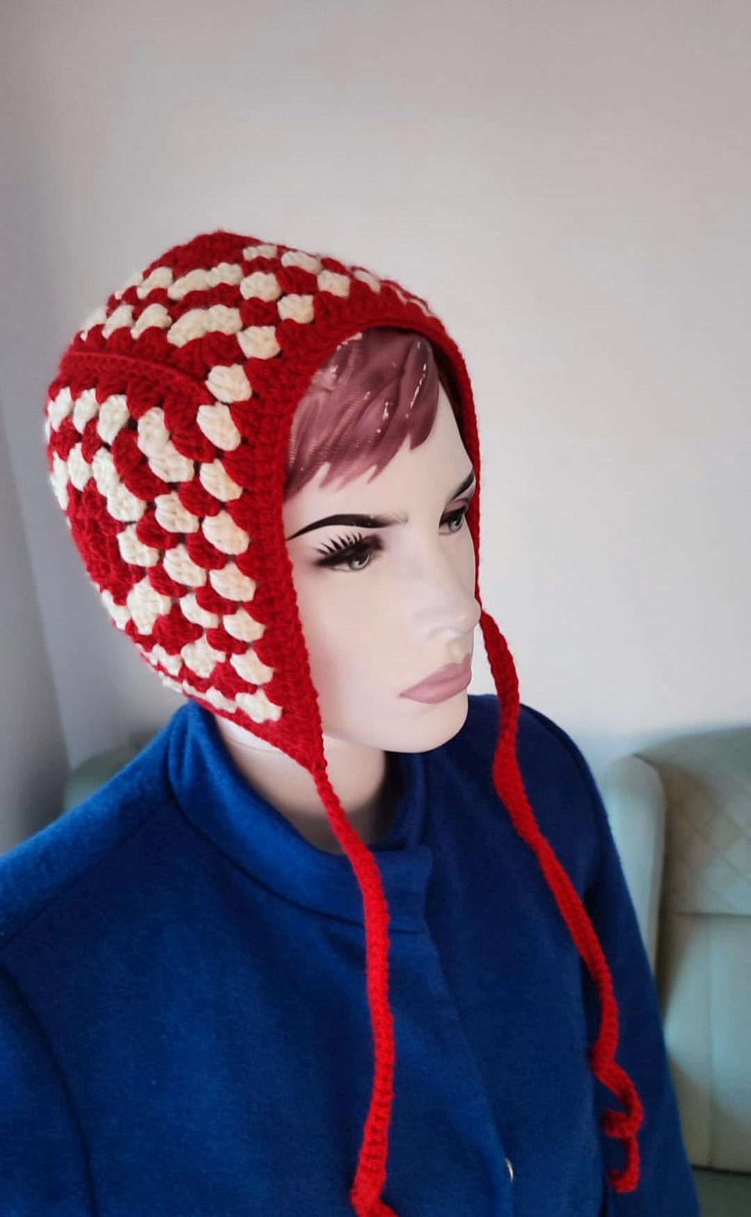 Handmade Granny Square Crochet Bonnet: Red Cream Winter Hat - Etsy