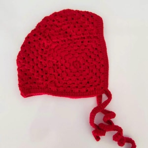 Adult Red Bonnet, Hand Knit Tie Bonnet, Red Warm Hat, Crochet Bonnet ...