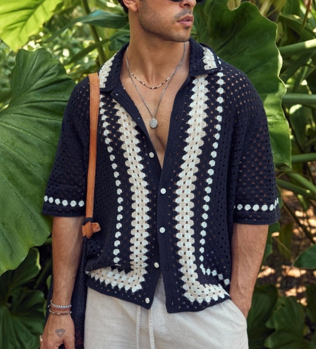 Crochet Shirt, Granny Square Shirt, Knit Shirt, Handmade Shirt, Vintage ...