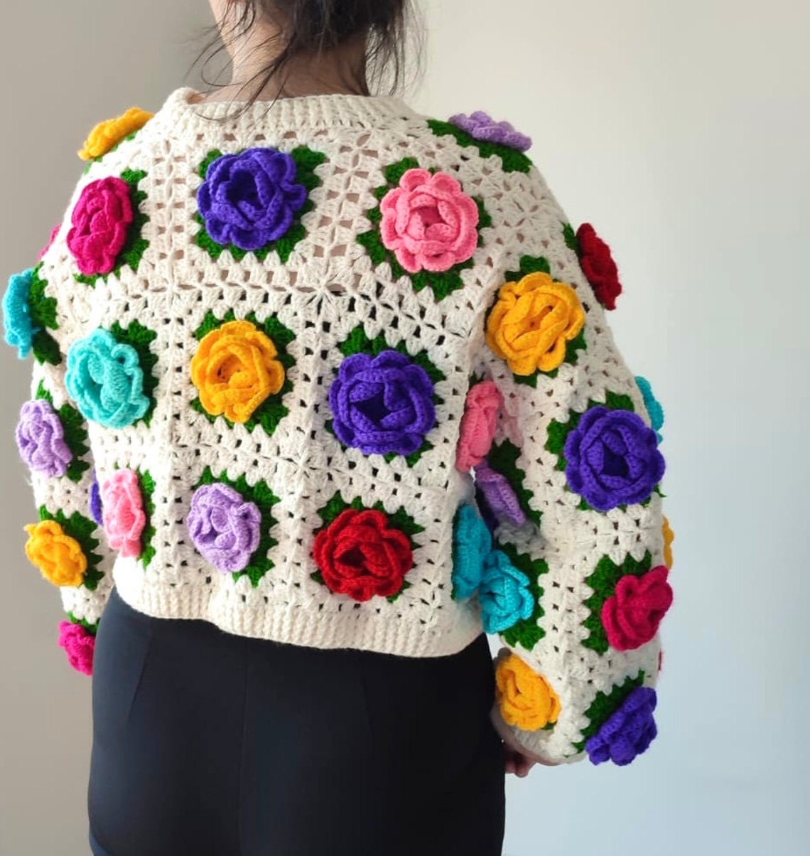 Colorful Rose Cardigan, Crochet Jumbo Rose Cardigan, Cream Granny ...