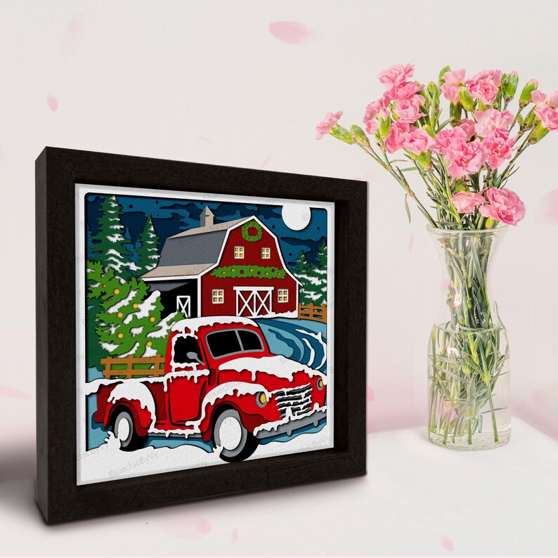 Christmas Farmhouse Shadow Box, Red Truck Barn Layered Papercut ...