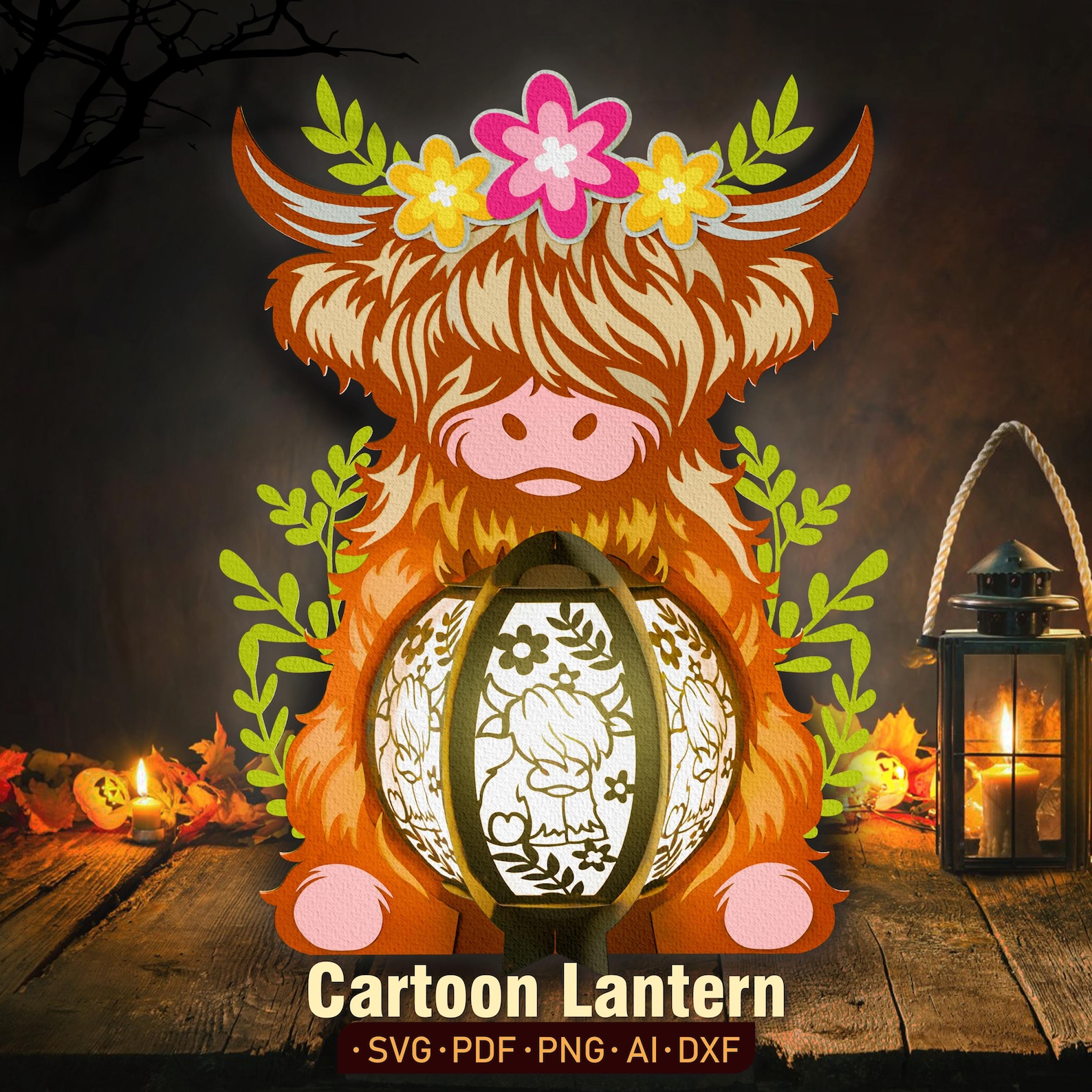 Highland Cow Flower Lantern Svg, Highland Cow Shadow Box, Lantern Paper ...