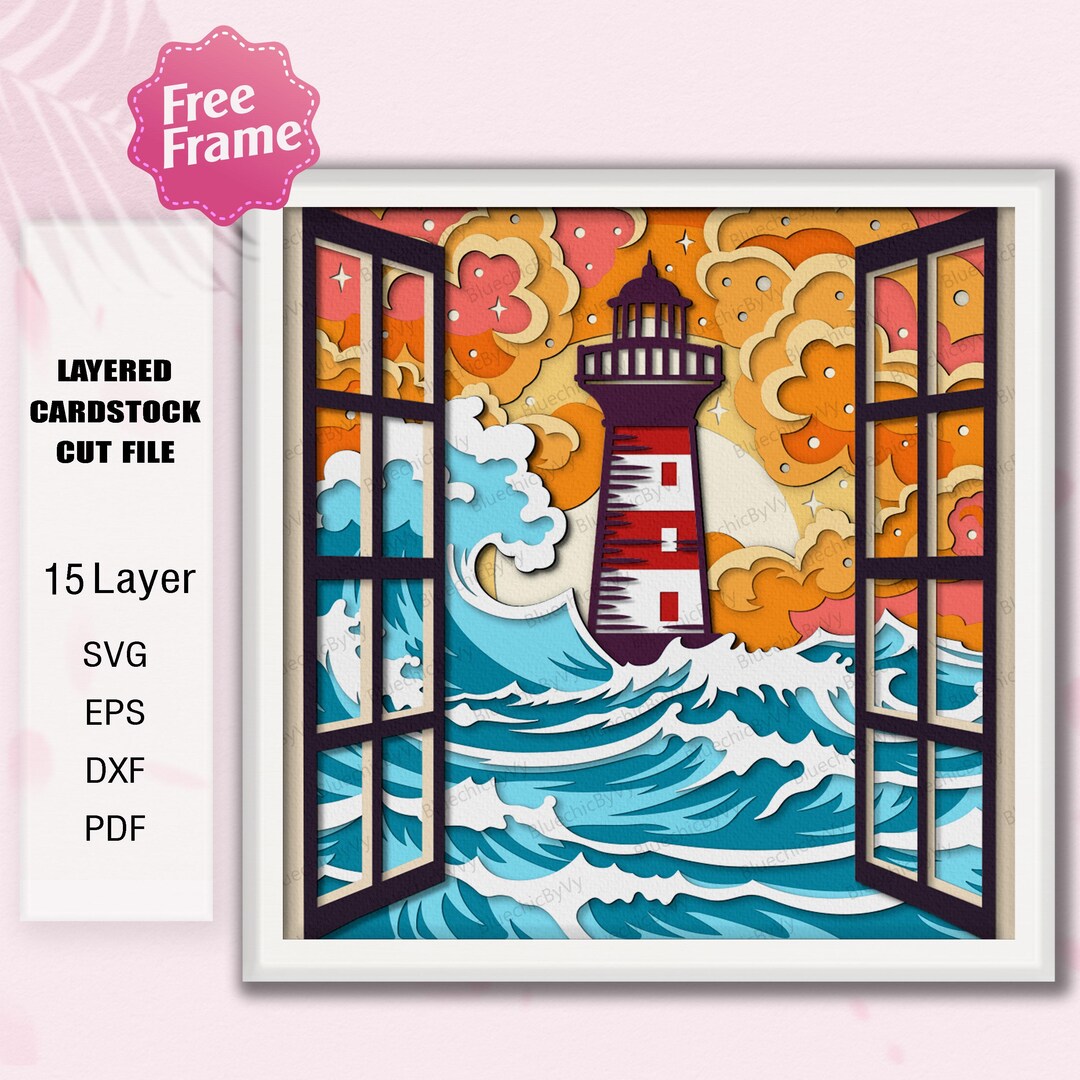 Lighthouse Window View SVG, 3D Ocean Wave Shadow Box Cricut File ...