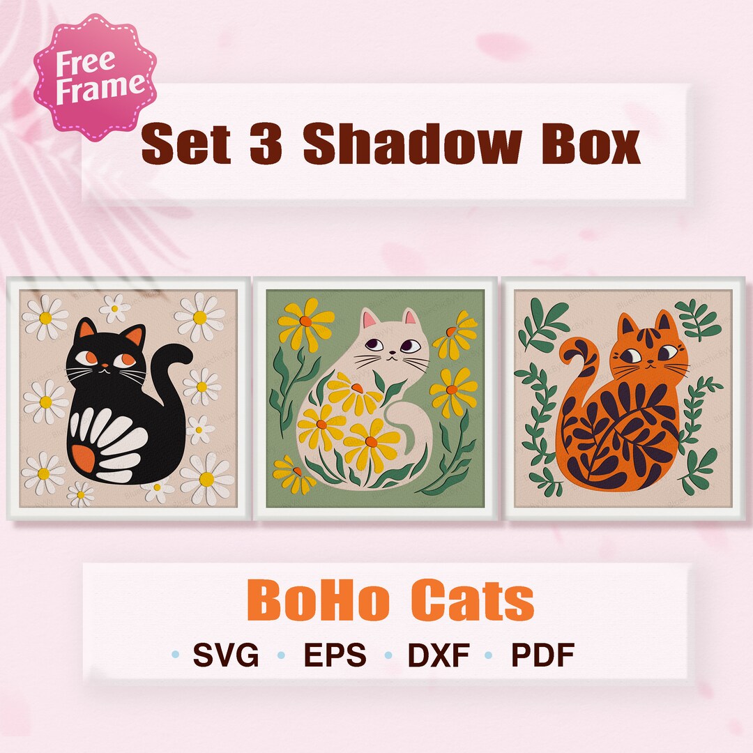 Cat Flower Shadow Box SVG, Boho Cat Shadow Box, Cat 3D Box, Boho Cats ...